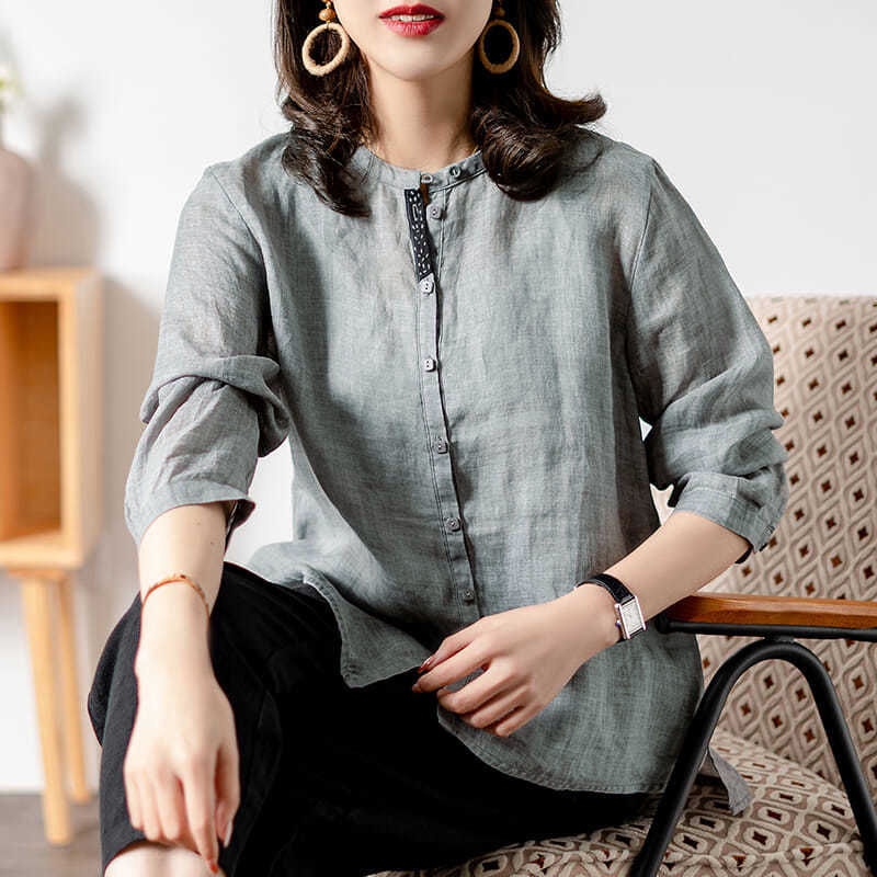 JS women blouse Retro imitation cotton linen 2021 summer new round ...