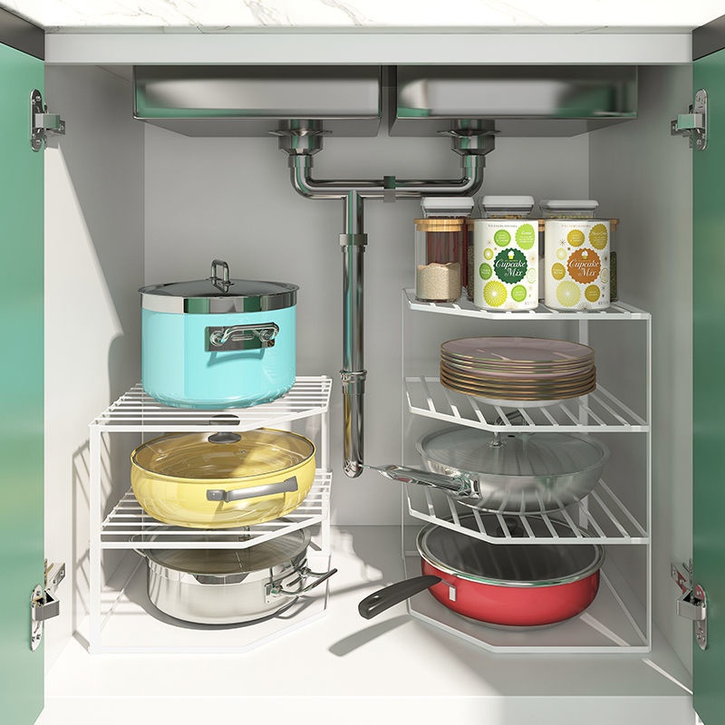 Di bawah sink di dapur, letakkan rak periuk di sudut, rak penyimpanan ...
