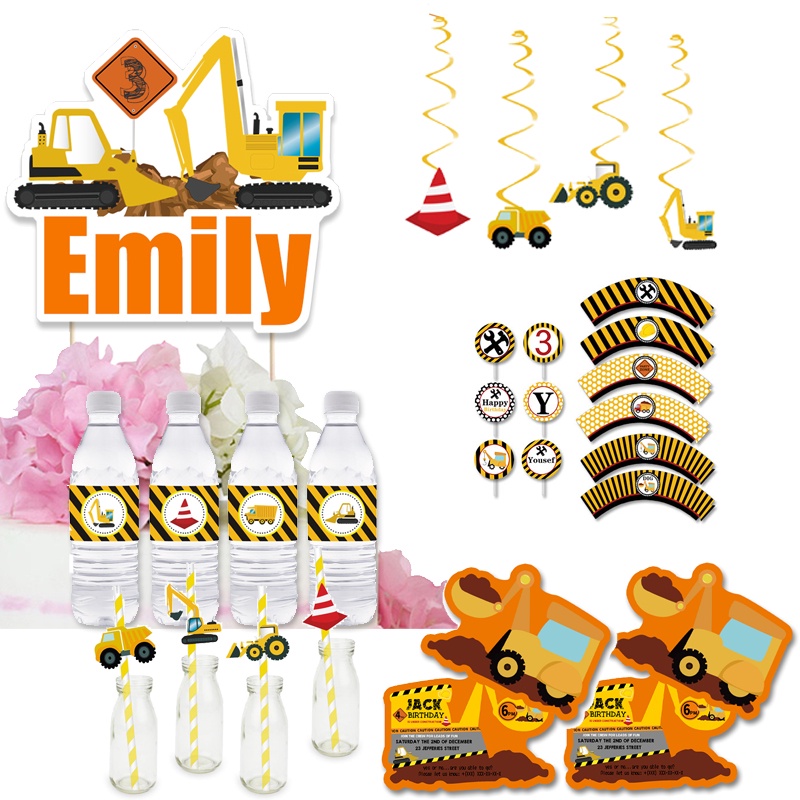 ขวดConstruction Digger Cake Toer Favor Boxes Straws Hanging Decor ...