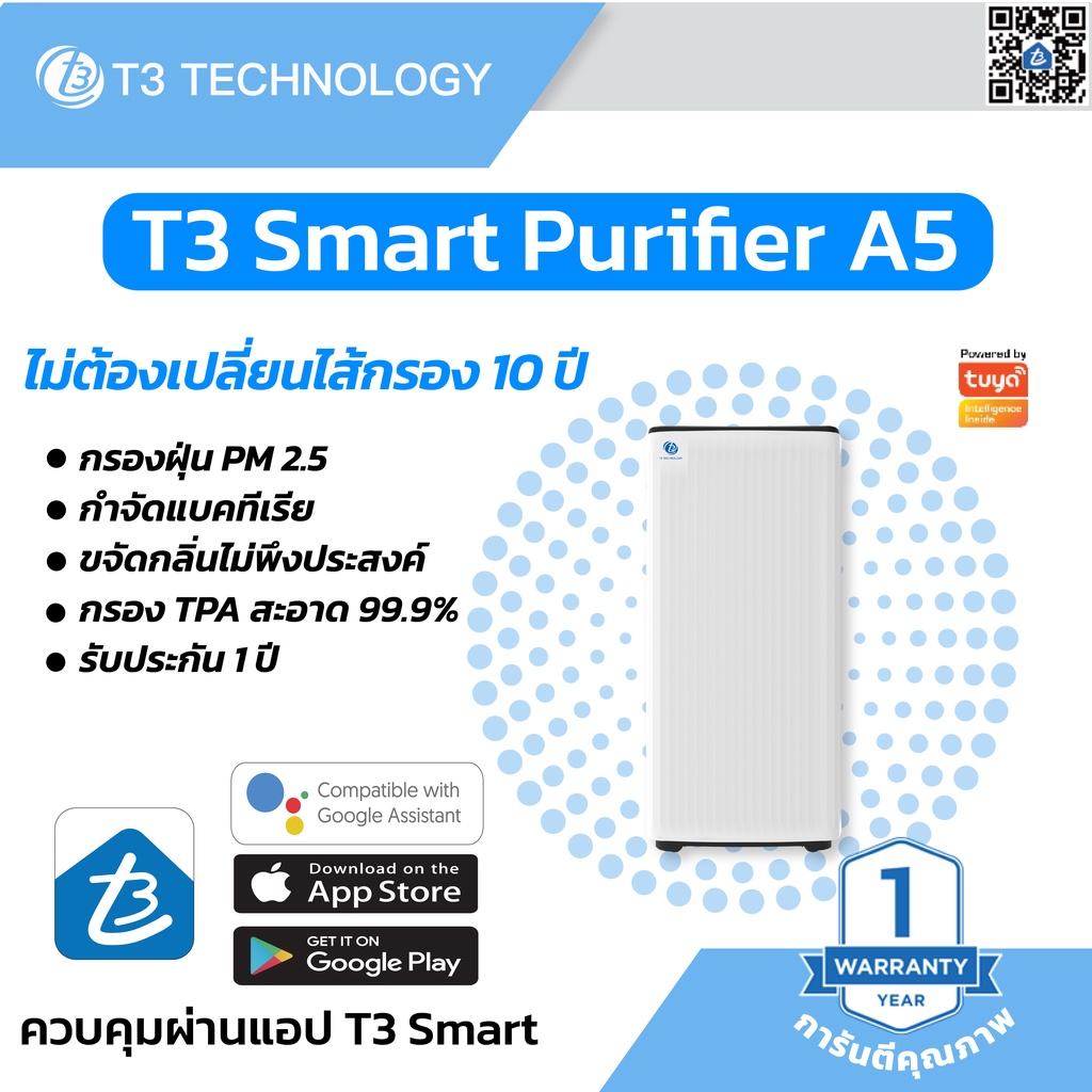 T3 Smart Air Purifier A5 เครื่องฟอกอากาศ รุ่น A5 ไม่จำเป็นต้องเปลี่ยนไส้กรองตลอดอายุการใช้งาน ...