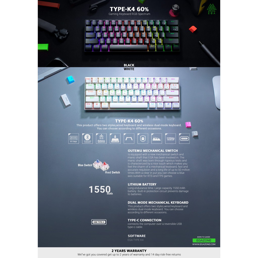 EGA TYPE-K4 Mechanical Gaming Keyboard 60% คีย์บอร์ดเกมมิ่งแบบ TKL มี ...