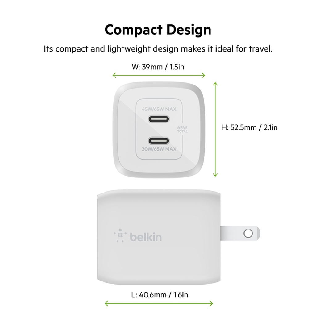 Belkin หัวชาร์จ 65W Gan Dual Type C PD PPS หัวชาร์จเร็ว สำหรับ Macbook ...