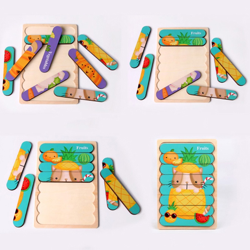 Kids Animal 3D Wooden Puzzle Montessori Toy Double sided Strip Puzzle ...