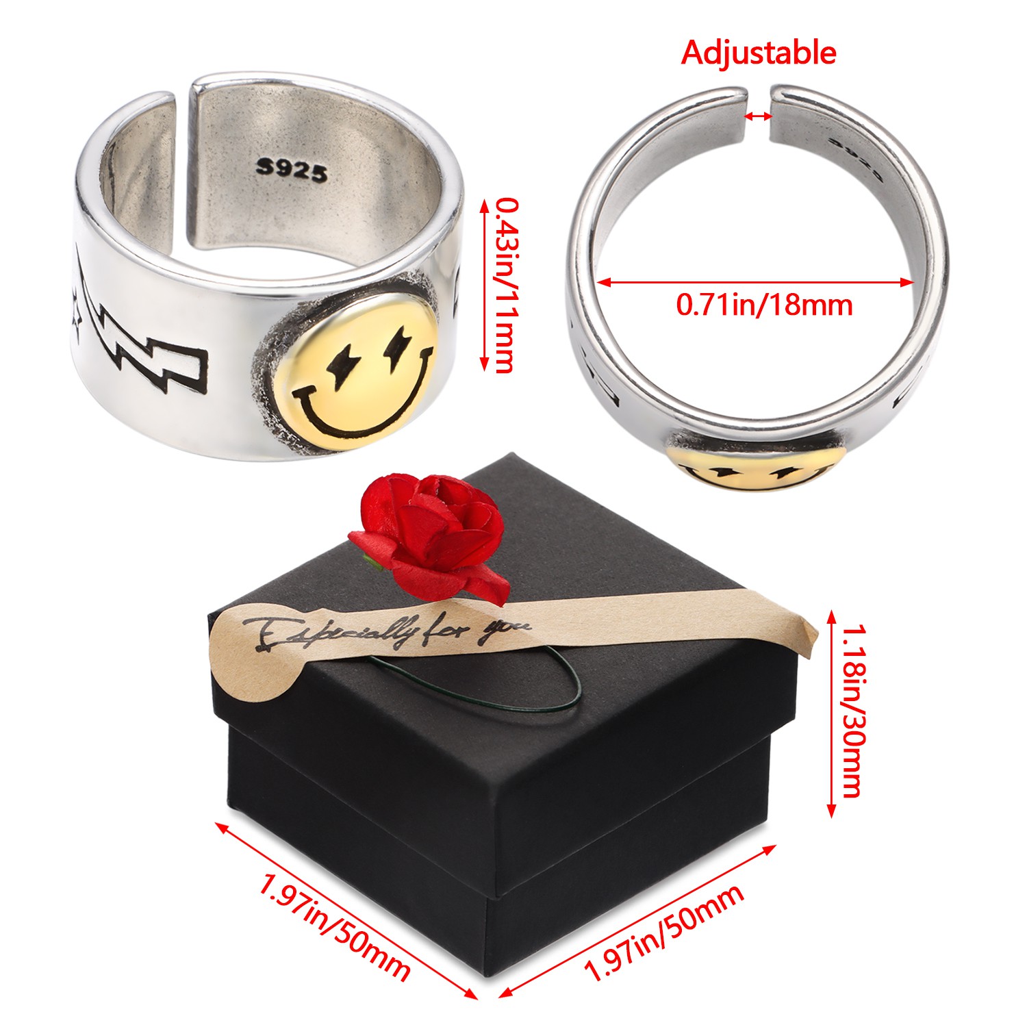 ROSE 1/2PCS Girl Smiling Face Rings Silver color Jewelry Smiley Face ...