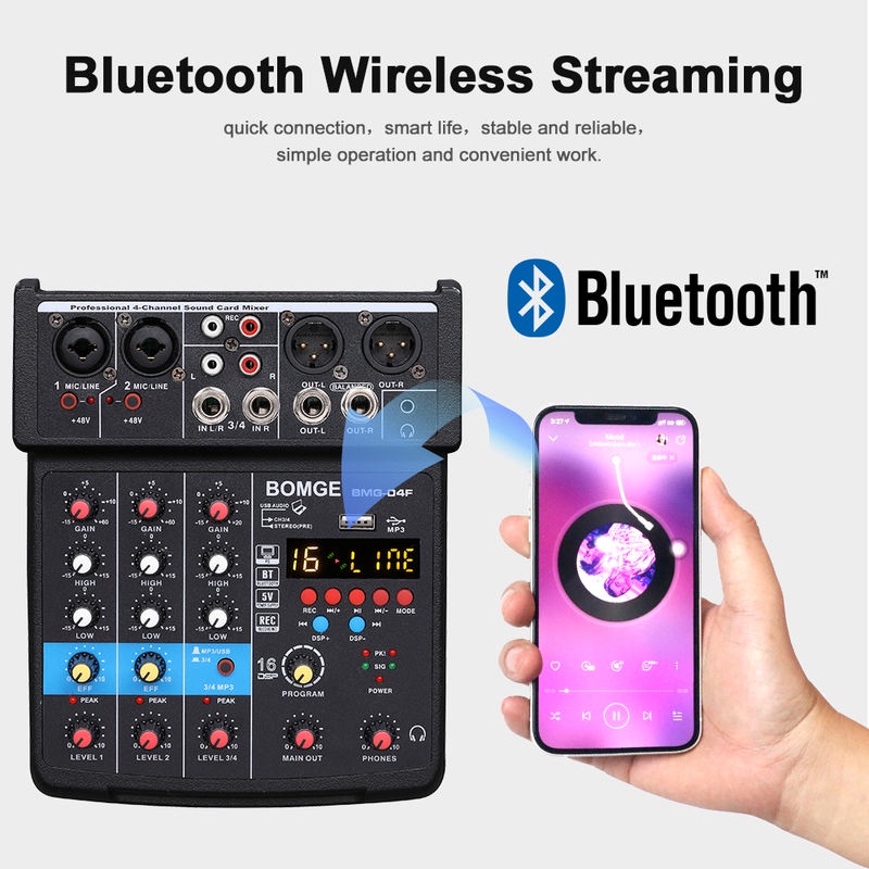 BOMGE-04F 4 channel dj audio sound mixer with MP3/USB Bluetooth, /stereo record/48V /16 DSP Echo ...