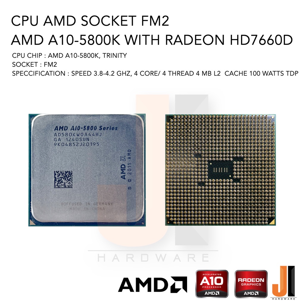 CPU AMD A10-5800K 4 Core/ 4 Thread 3.8-4.2 Ghz 4 MB L2 Cache 100 Watts TDP No Fan Socket FM2 ...