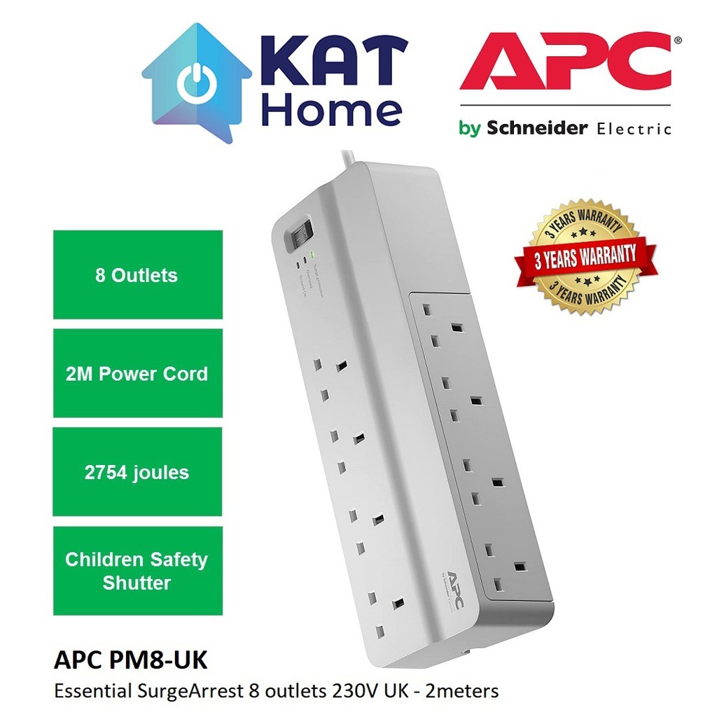 APC PM8-UK 8 OUTLETS 230V UK PLUGS POWER STRIP WITH LIGHTNING SURGE ...