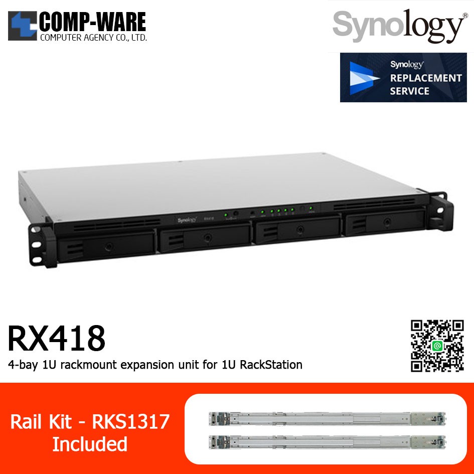 Synology Expansion Unit (1U 4-Bay) RX418 w/Rail Kit RKS1317 , No HDD ...