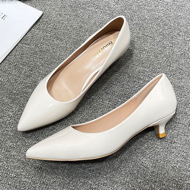 Women Small Kitten High Heels Shoes Brief Shiny Leather Pumps Low Heel ...