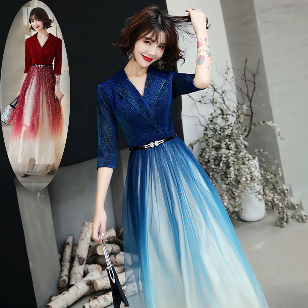 Women Blue Gradient Long Dress V-neck Sexy Evening Party Dancing Maxi ...
