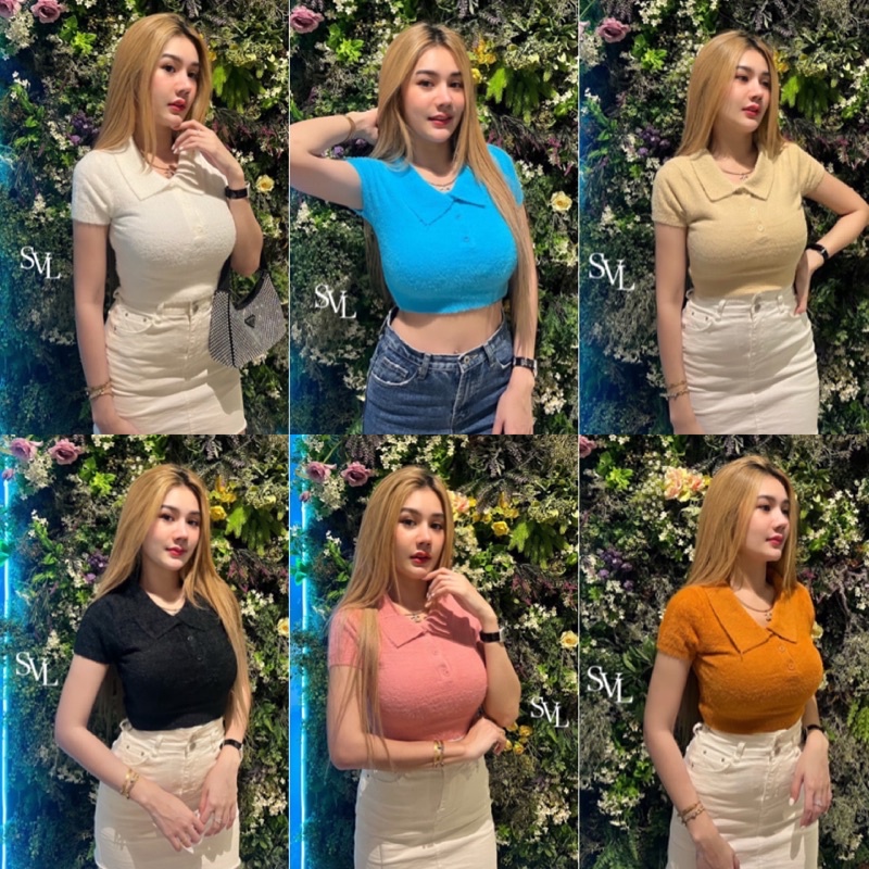 BinBin Collection เสื้อครอปไหมพรมขนมิ้ง ทรงคอปก แต่งกระดุมสามเม็ด - pawanlatcollection - ThaiPick