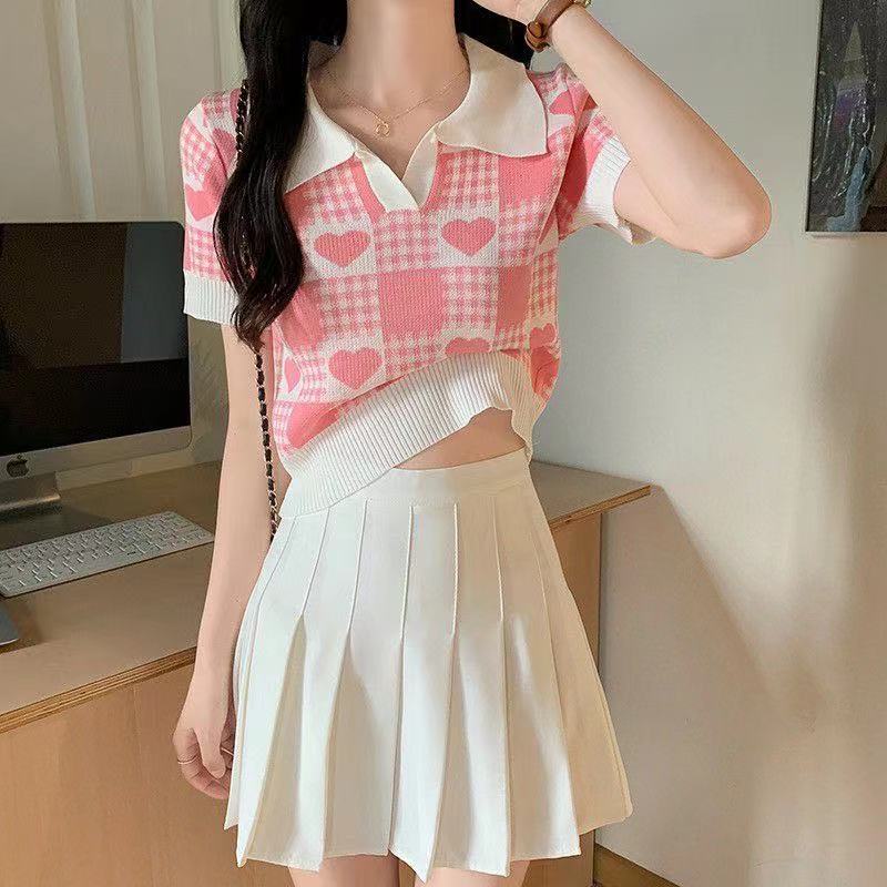 Miki-Shopพร้อมส่งเสื้อครอปไหมพรม คอปก ดีเทลลายหัวใจน่ารักมาก 45611 ...