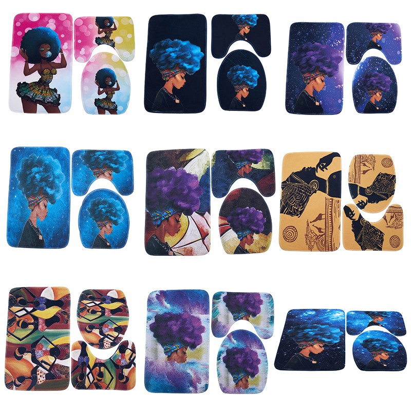 African Woman Printed 3pcs Anti-Slip Bath Mat Set Bathroom Carpets Set ...