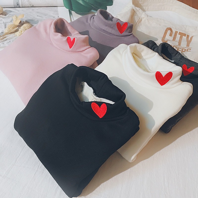 Double layer plus velvet padded girls baby high neck love T-shirt ...