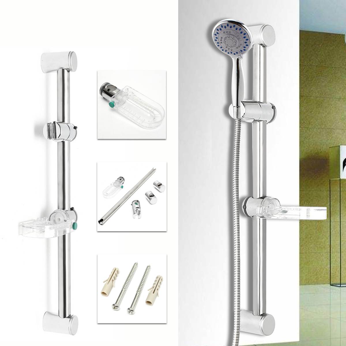 NEW Polished Chrome Shower Riser Rail Set Adjustable Shower Sliding Bar ...