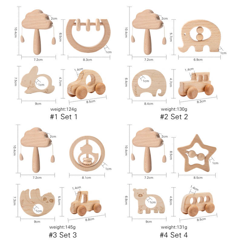 1set Wooden Rattle Beech Cloud Hand Teething Wooden Ring Baby Rattles ...