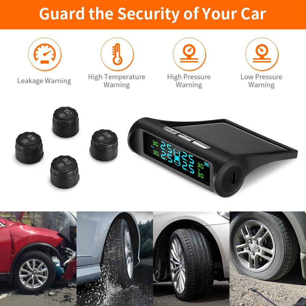 Solar Tpms Car Tire Pressure Alarm Monitoring System 4 External Automatic Alarm System Tire ...