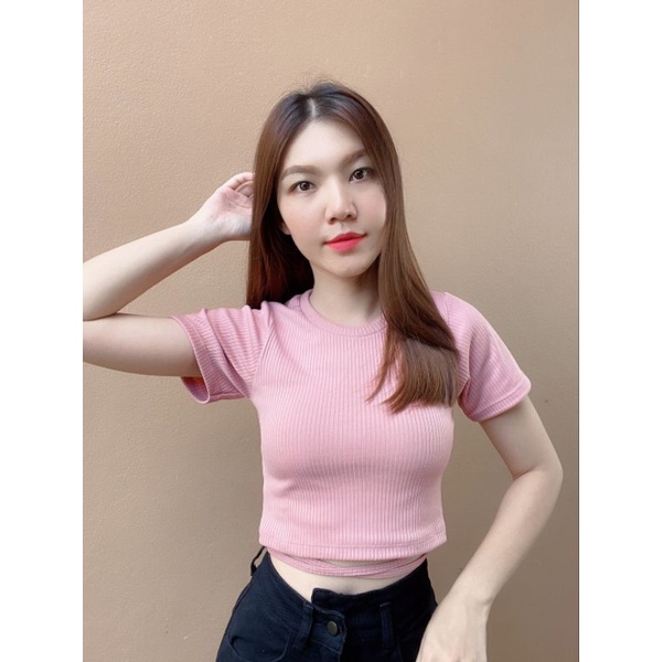 ส่งฟรีทั้งร้านเก็บโค้ดหน้าร้าน เสื้อครอปแขนสั้นผูกเอว ผ้าร่องเกรดดี ...