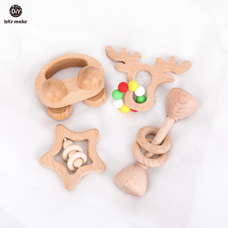 Let s Make 4pcset Baby Rattle Set Hand Teething Beech Wooden Animal Elk ...