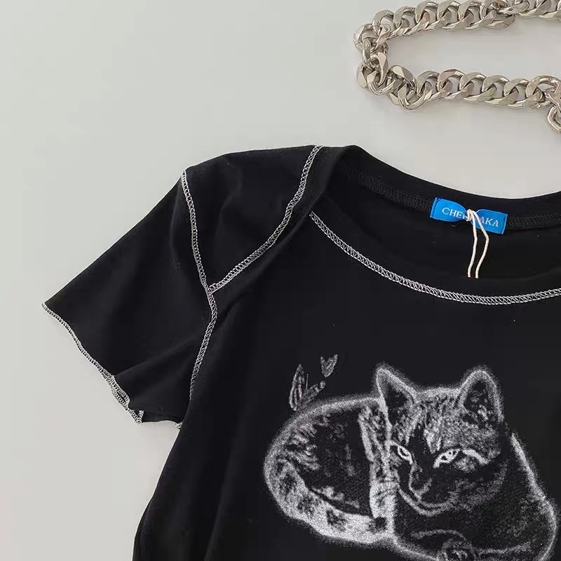 ST552 เสื้อครอปทรงเข้ารูป สกรีนลายน้องเหมียวว (ตัวสั้น 13-14 นิ้ว) - cutegirl1990s - ThaiPick