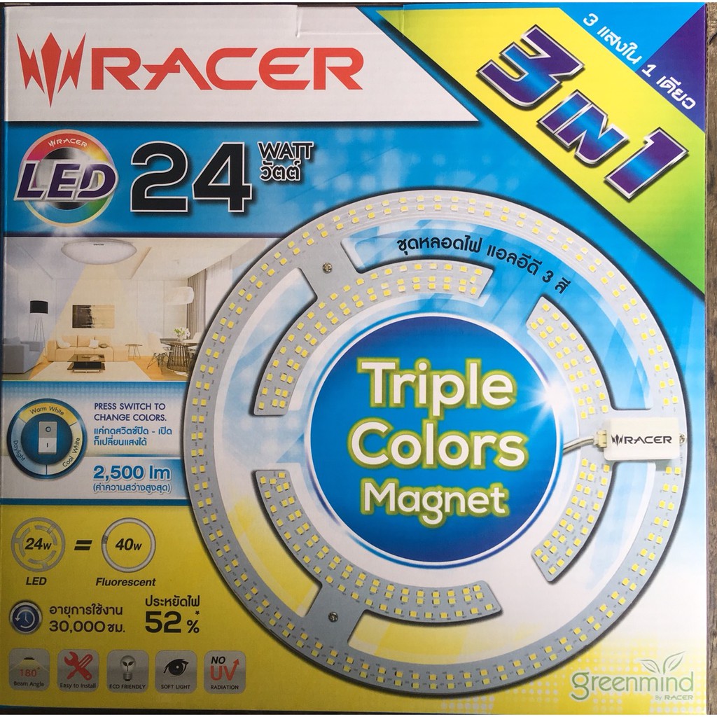 หลอดไฟLEDกลม 24วัตต์ 3สี Triple Colors Magnet 24Watt หลอดไฟเพดานกลม(แสงสีขาว-แสงสีเหลือง-แสงขาว ...
