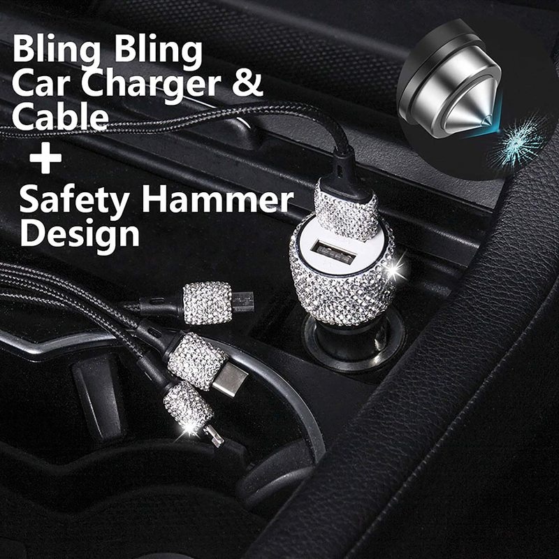 Bling USB Car Charger 5V 2.1A Dual Port Fast Adapter with Type C Micro ...