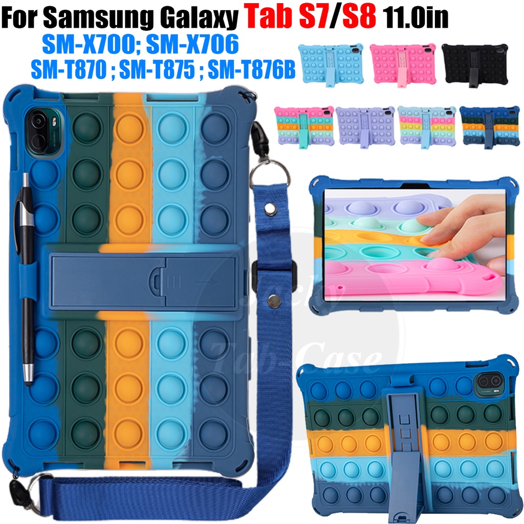 S7 S8 เคสแท็บเล็ต ซิลิโคนนิ่ม พร้อมขาตั้ง และสายคล้อง สําหรับ Samsung Galaxy Tab S7 S8 11.0 นิ้ว ...