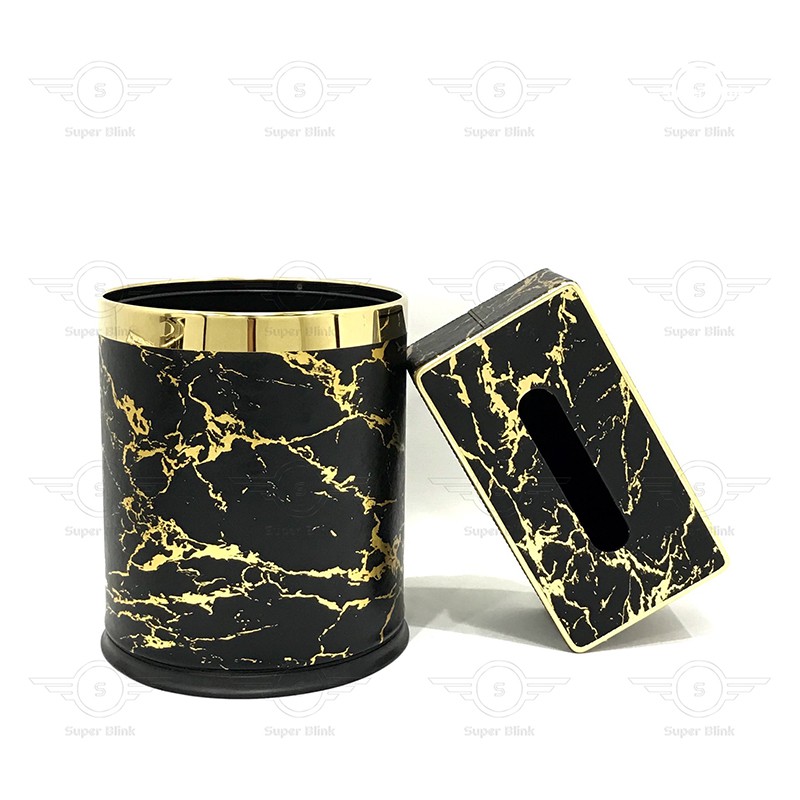 แพ็คคู่ สุดคุ้ม ถังขยะลายหินอ่อน สีดำทอง สีขาวทอง พร้อมกล่องใส่ทิชชู่ลายหินอ่อน Duo Marble ...
