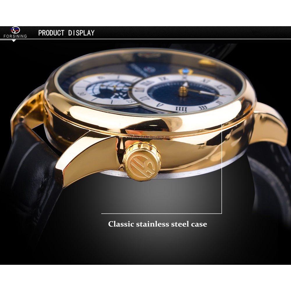 Forsining Hemisphere นาฬิกาข้อมืออัตโนมัติ สายหนังวัวแท้ หน้าปัดเรืองแสง กันน้ํา สีฟ้า สีดํา ...