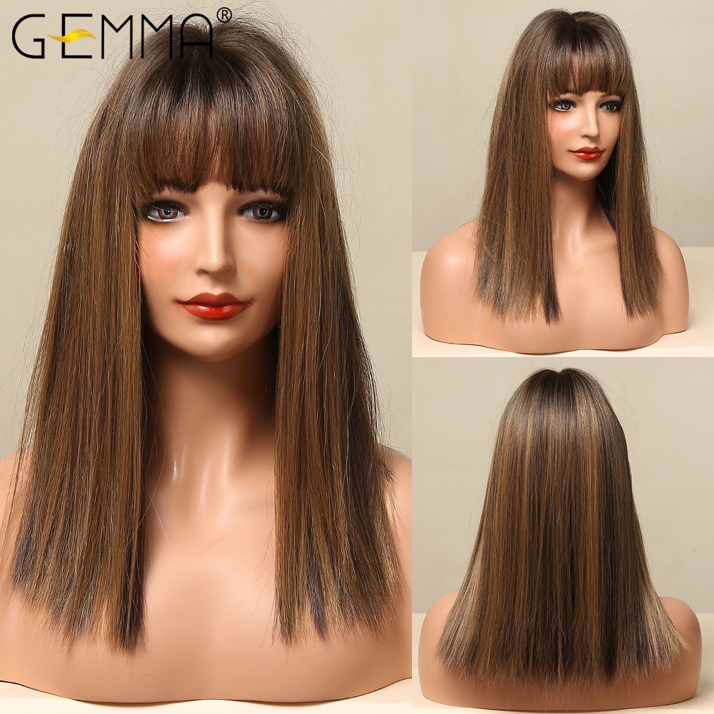GEMMA Medium Straight Bob Synthetic Wigs with Bangs Ombre Black Dark ...