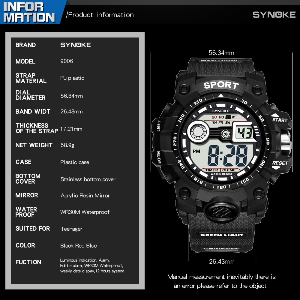 Synoke นาฬิกาข้อมือดิจิตอลมัลติฟังก์ชั่นกันน้ํา 30 เมตร - longflight1.th - ThaiPick