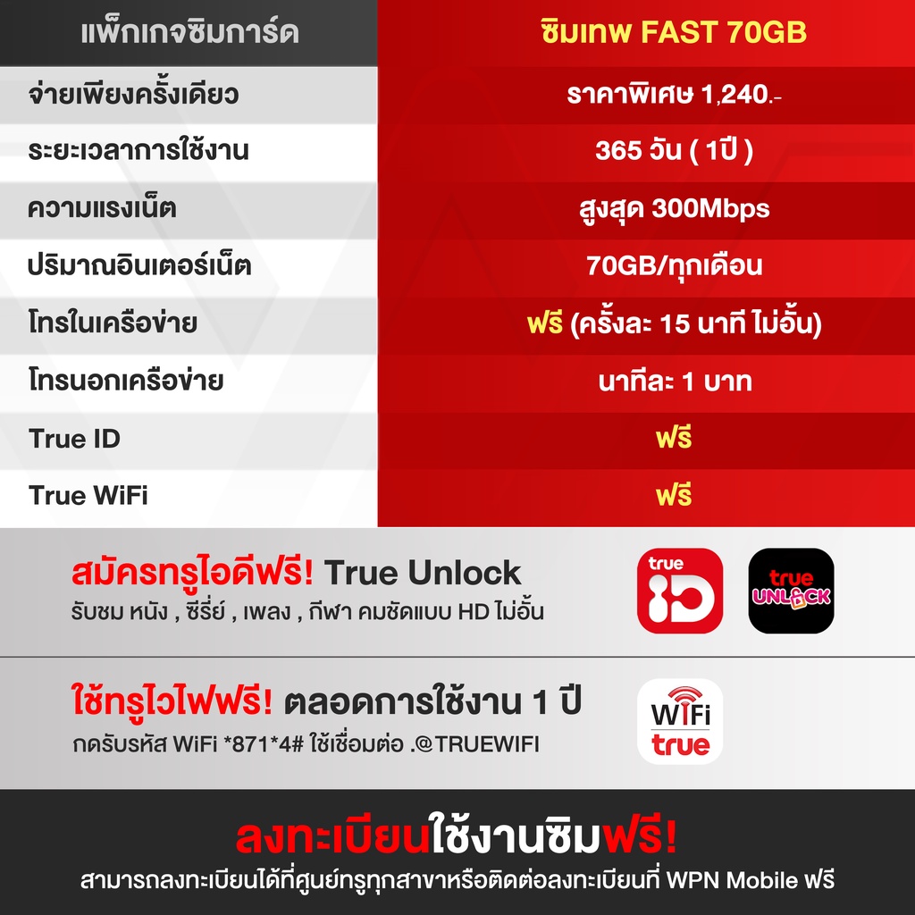 ซิมทรูมูฟ ซิมเทพ FAST70 ซิมเน็ต Max speed 70GB ต่อเดือน ซิมรายปี ซิม ...
