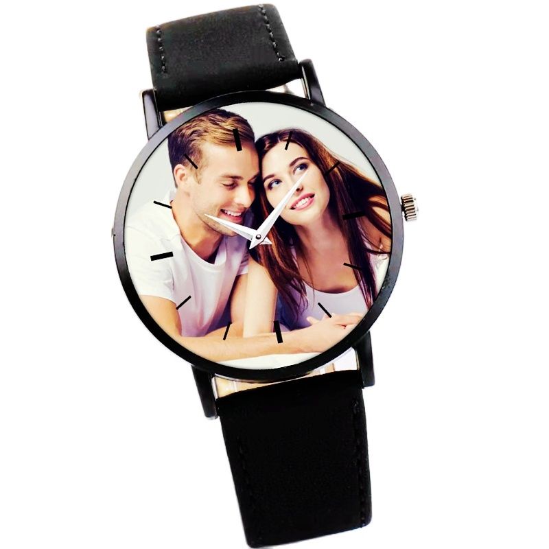 Custom Photo Watch For Couple All Black Leather Unisex Quartz ...