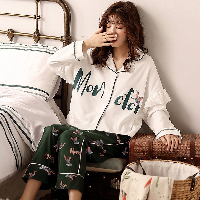ชุดนอน ชุดนอนด้าย Black Pajamas Womens Spring And Autumn Long Sleeved
