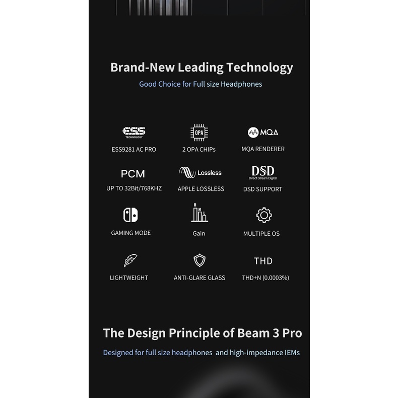 เครื่องขยายเสียงหูฟัง HiFi แบบพกพา 3 Pro ESS9281 AC Pro Beam3 Pro 36Bit ...