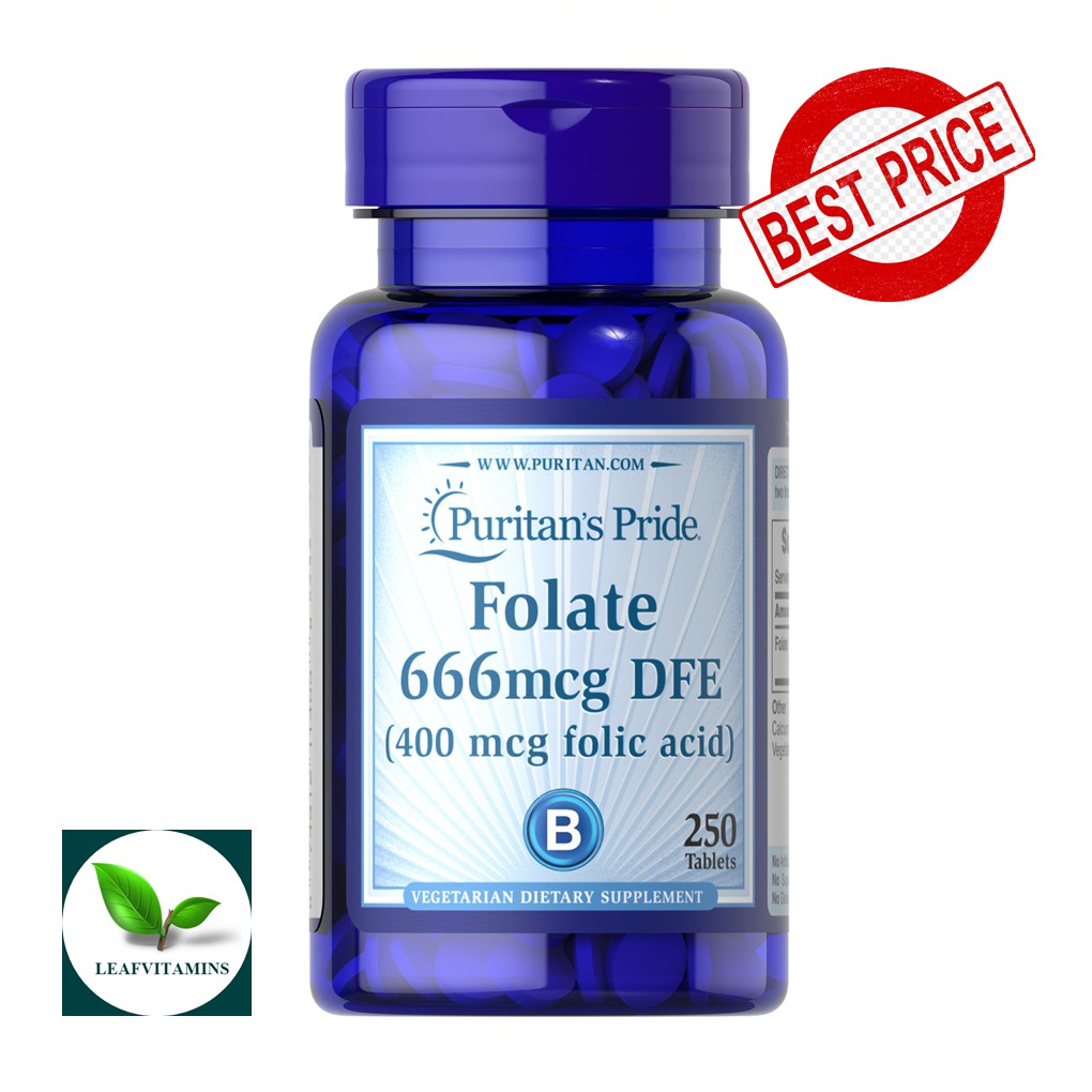 Puritans Pride Folate 666mcg DFE (Folic Acid 400 mcg) 250 Tablets ...