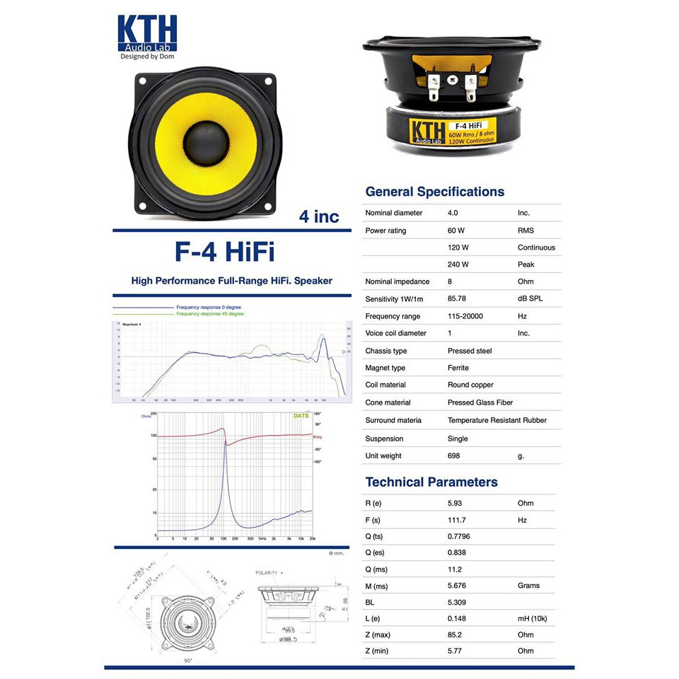 KTH F-4HIFI ดอกลำโพง4นิ้ว 60W เสียงชัดเจน โครงปั้ม แม่เหล็กใหญ่ กรวยเคฟล่าร์ ferrite ฟูลเร้นจ์ ...