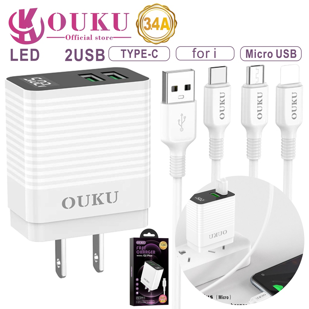 สายชารจ OUKU Q2 PLUS ชาร์จเร็ว ชุดชาร์จพร้อมสาย 3.4A MAX 2USB LED สำหรับ for iMicroType c ...