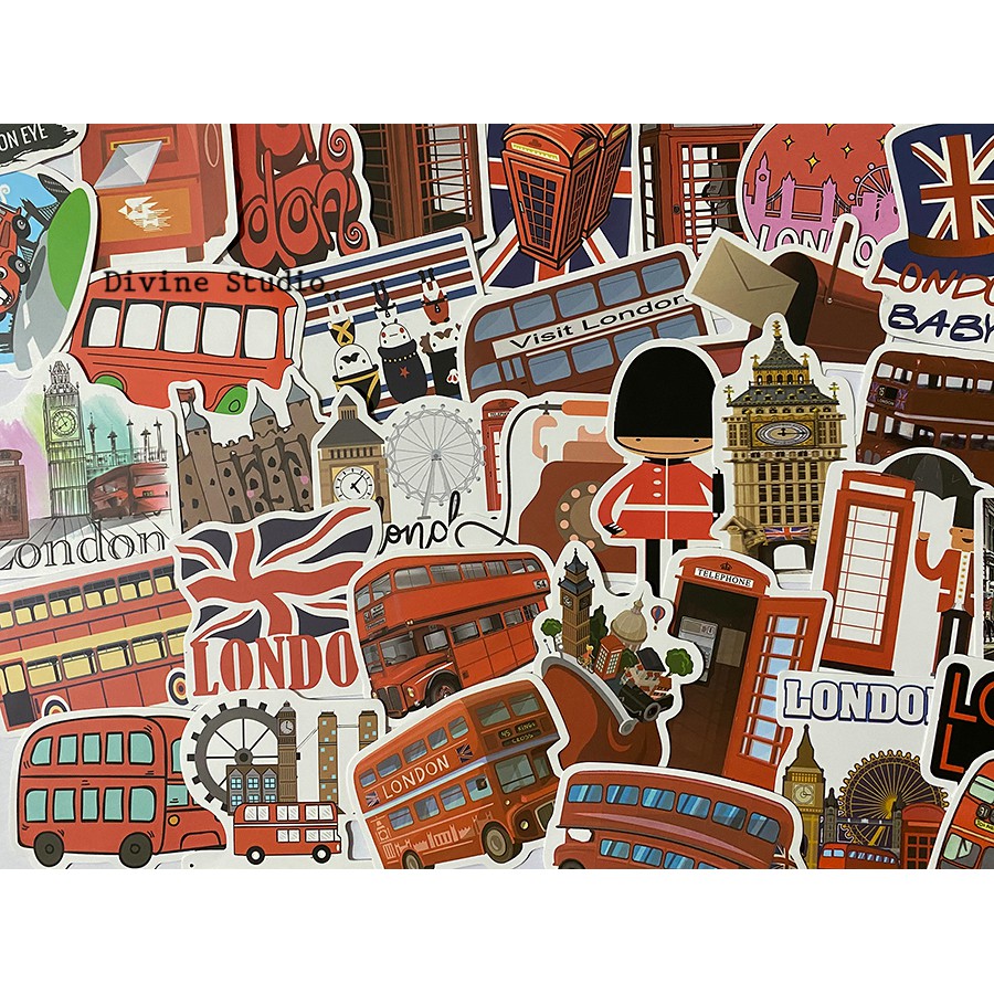 พร้อมส่ง สติ๊กเกอร์ 50 ชิ้น London Bus Sticker Set PVC กันน้ำ เคลือบ ...