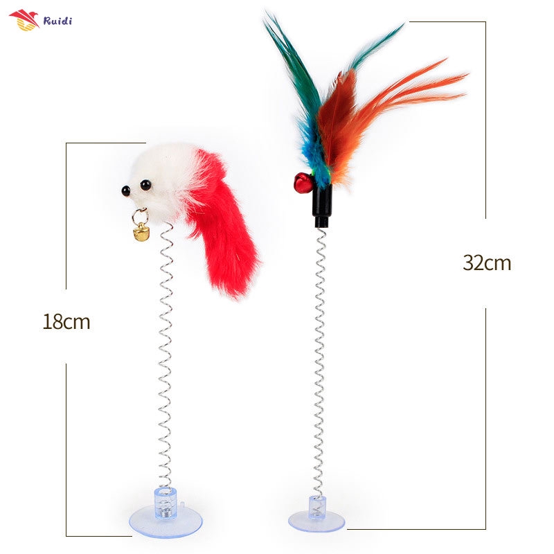 Cat Interactive Toy With Sucker Spring Feather Plush Mouse Funny Pet ...