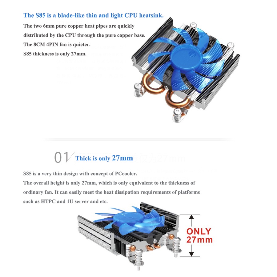 Pccooler S85 S89 2 Copper Heatstick 1U Ultra-thin CPU Cooler 8cm PWM ...