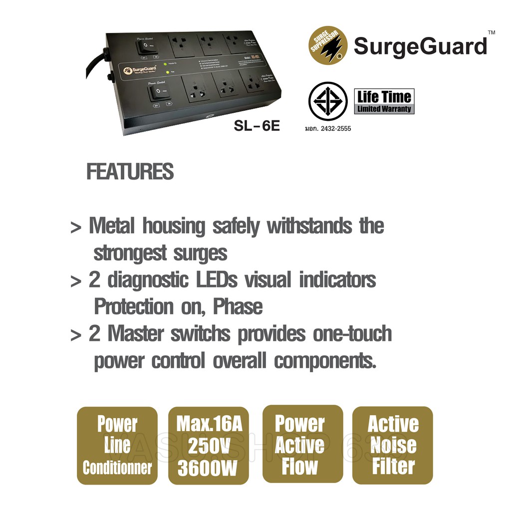 SURGEGUARD SL-6E ปลั๊กกรองไฟ 6 ช่อง ลดไฟกระชากและสัญญาณรบกวน Lifetime ...
