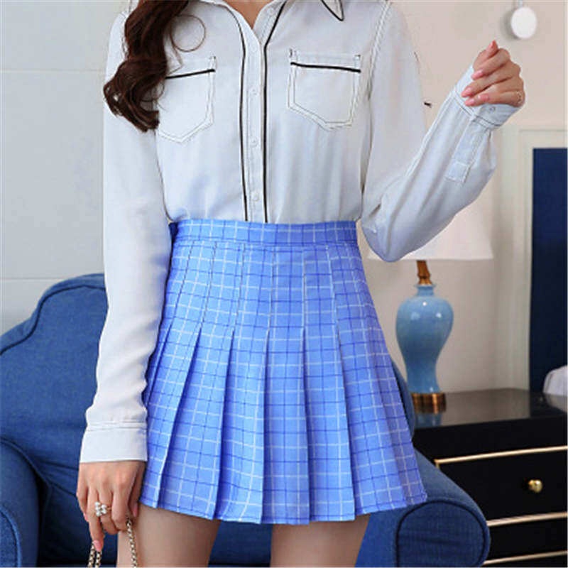 2021 ใหม่เอวสูงจีบกระโปรงสั้นนักเรียนหญิงสไตล์เกาหลีกระโปรงทรงเอยาว ...