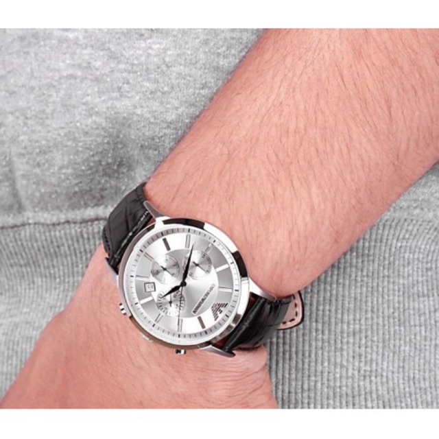 AR2432. Size 43 mm. Mens Chronograph Stainless Steel and Black Leather ...