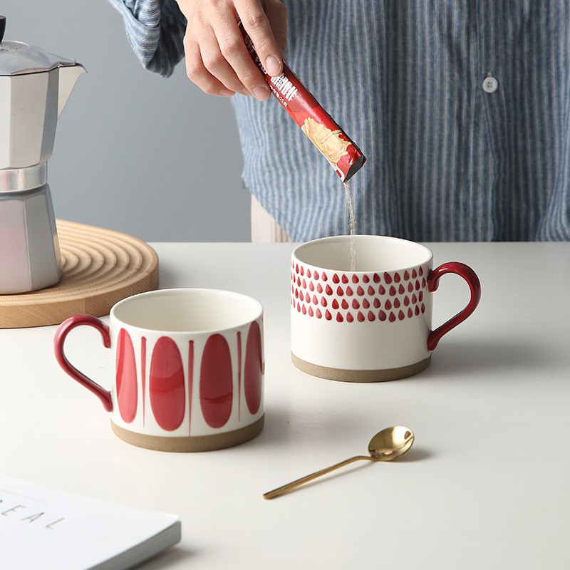 ถ้วยคู่：450ML Red Stoneware Mug Creative Ceramic Coule Breakfast Water ...