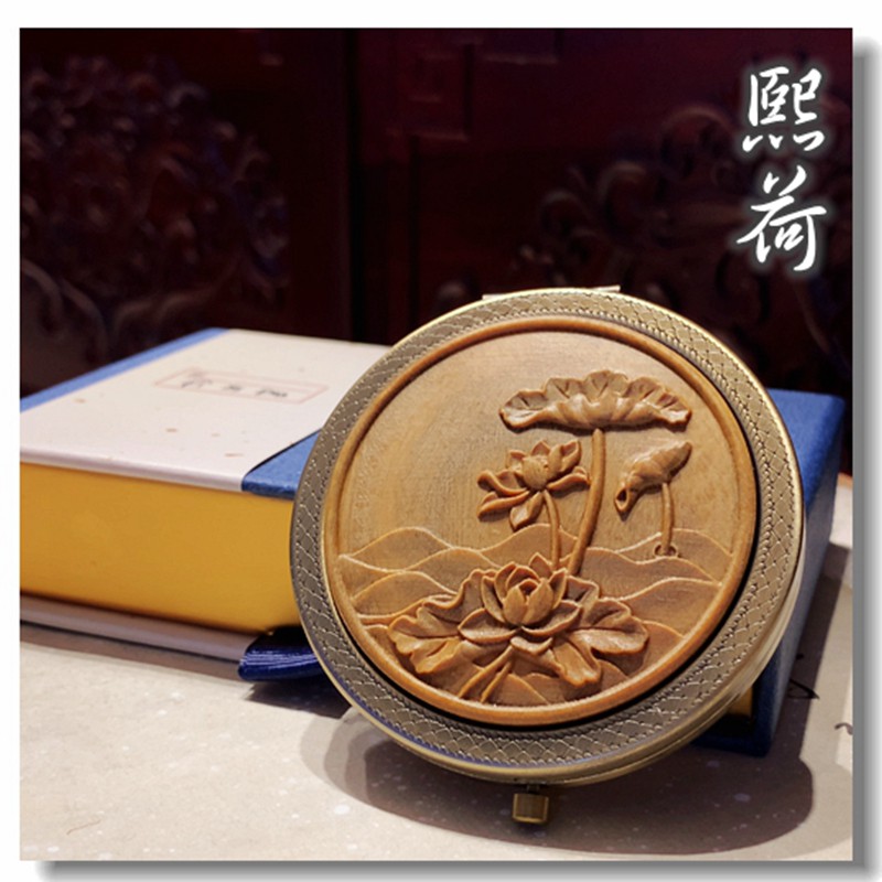 กระจกแต่งหน้าแบบพกพาโลตัสไม้จันทน์สีเขียวแกะสลักฝังสไตล์จีนโบราณ H Anfu ...