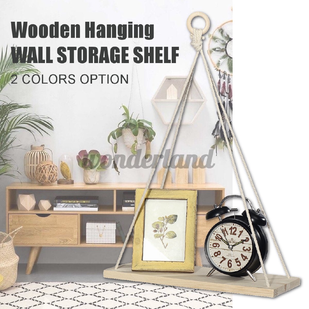 Hanging Ladder Wooden Rope Shelf Floating Wall Shelf Storage Rack ...