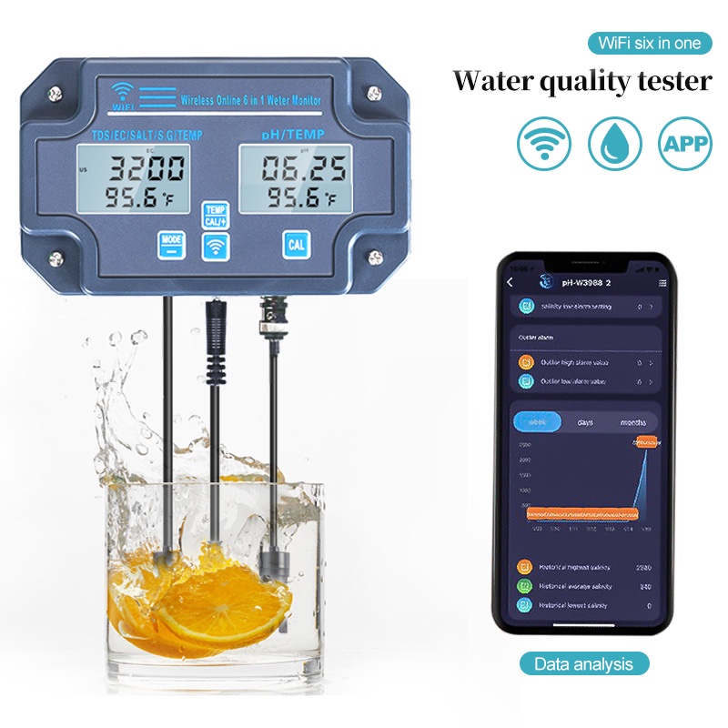 คุณภาพน้ำเครื่องตรวจจับ6 in 1 Wifi Water Quality Tester HECSALTTDSG.S ...