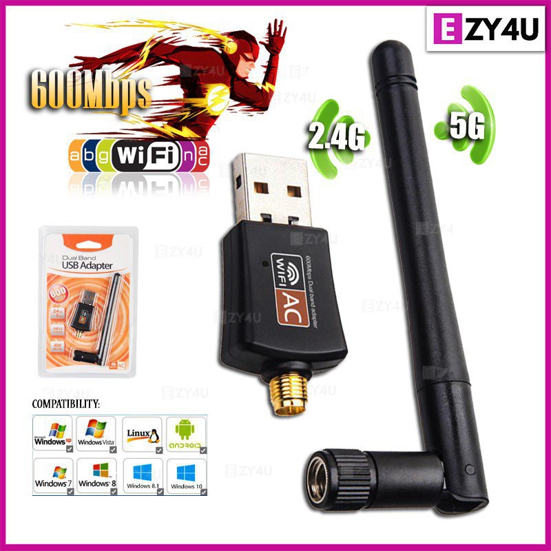 7Q5i [READY STOCK] Dual Band 5GHz 600Mbps Wireless Lan USB PC WiFi Adapter Antenna 802.11AC ...