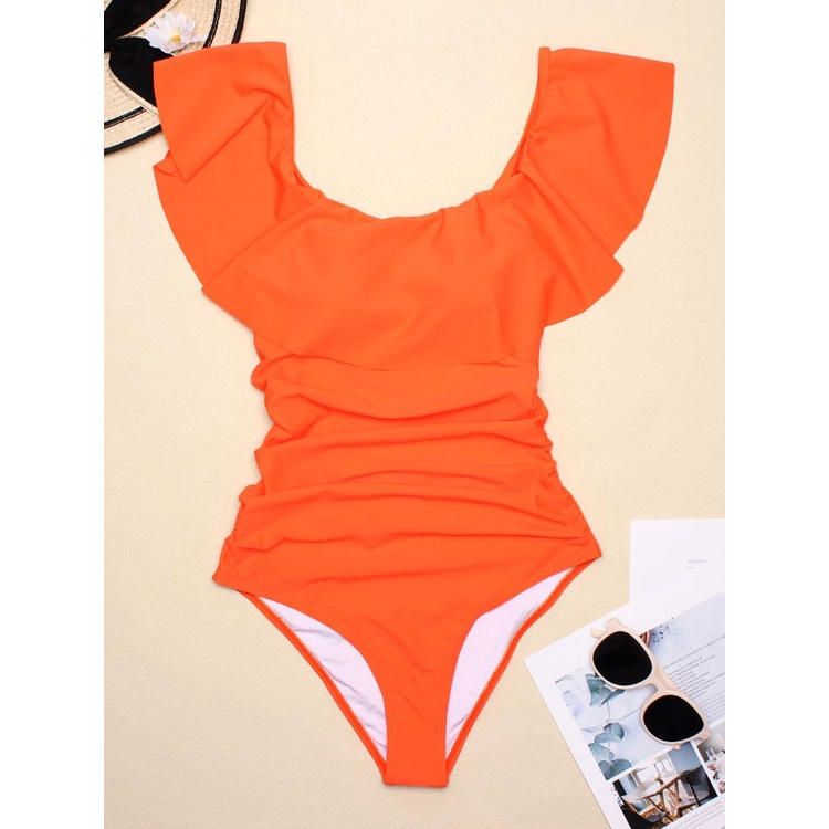 Orange Solid One-piece Swimsuits Women Sexy Bandeau Ruffled Bodysuits ...